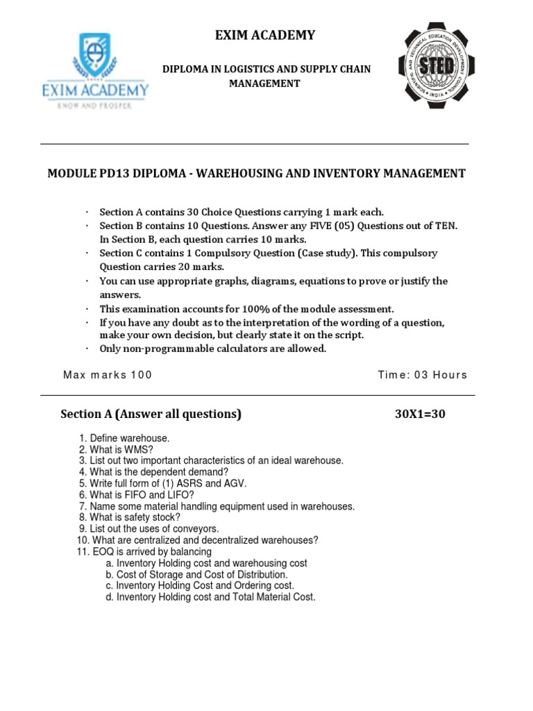 Warehosing and Inventory Management New - 100 Mark Questions | PDF ...