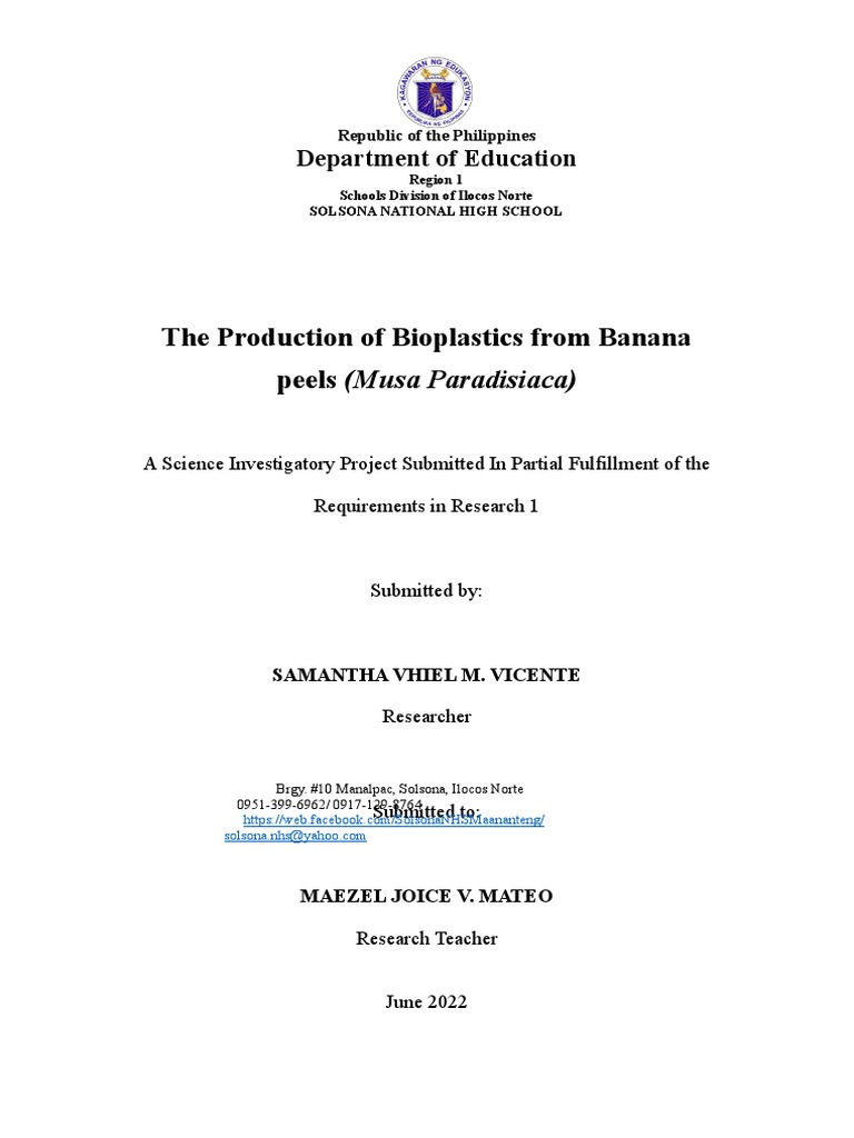 The Production of Bioplastics From Banana Peels | PDF | Plastic | Biodegradation