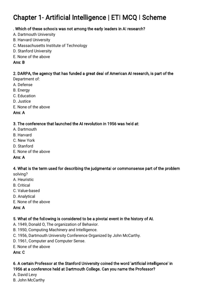 Chapter 1 - Artificial Intelligence - ETI MCQ I Scheme | PDF ...