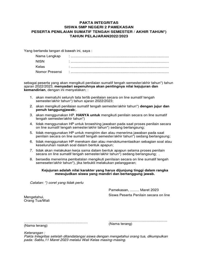 Pakta Integritas PTS Pas 2022-2023 | PDF