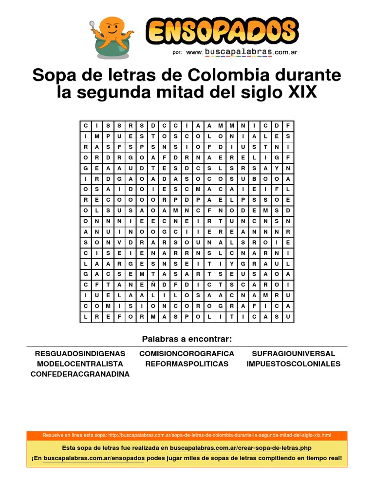 Sopa de letras: Colombia siglo XIX | PDF