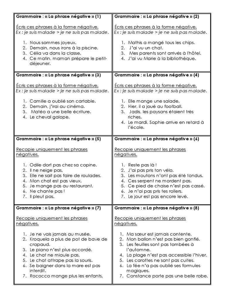 Exercices de phrases négatives CE1 | PDF