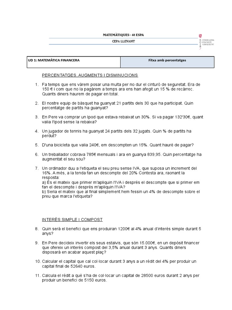 Problemes Amb Percentatges 2a Part PDF | PDF