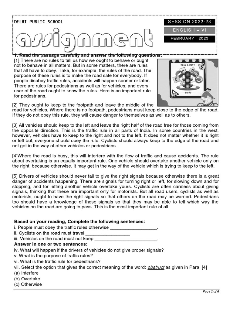 Class Vi Eng Revision Assignment Annual Exam 202223 PDF | PDF | Traffic | Nile