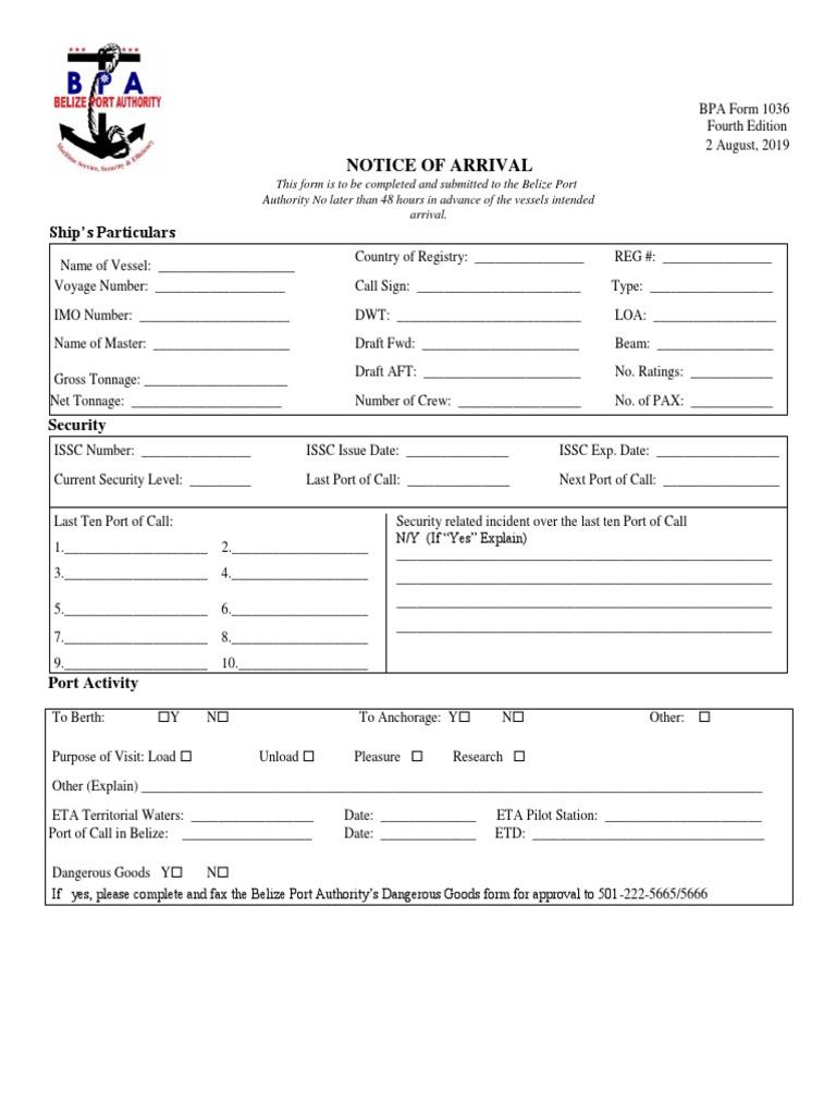 Notice of Arrival | PDF | Maritime Incidents | Freight Transport