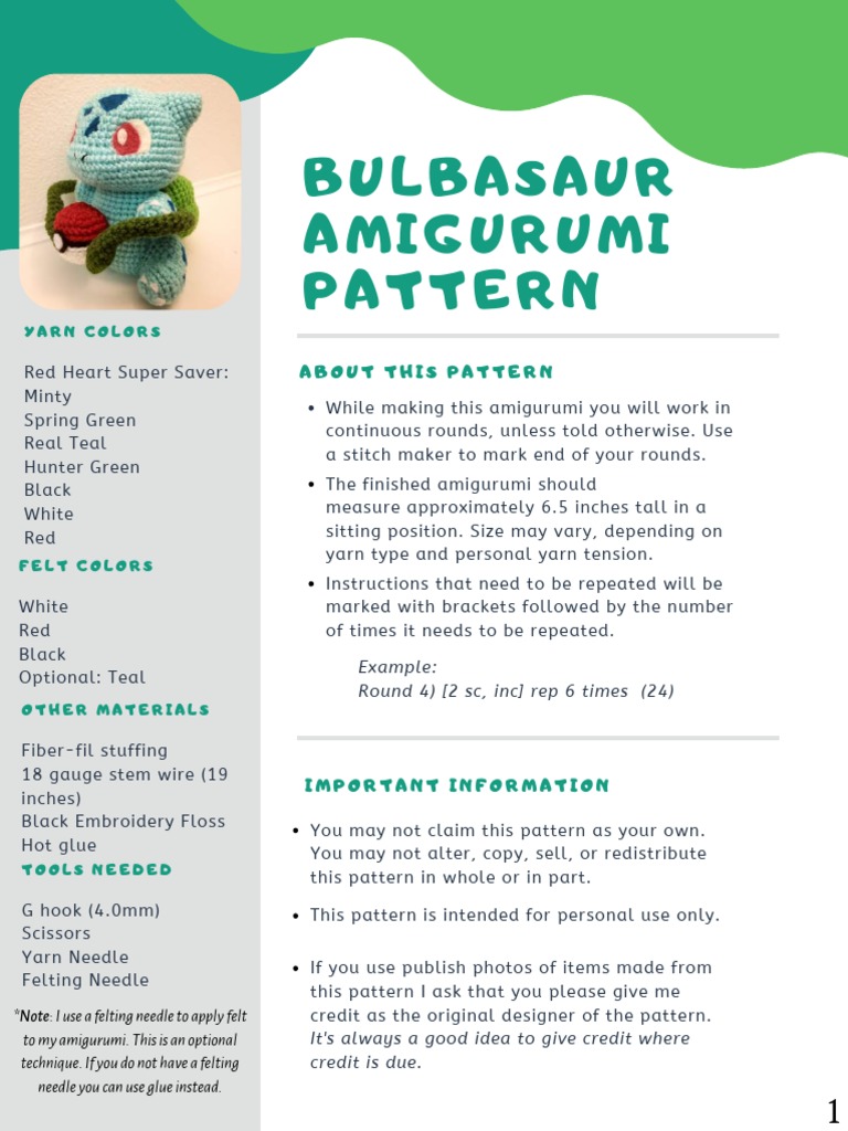 Bulbasaur Amigurumi Pattern | PDF | Crochet | Yarn