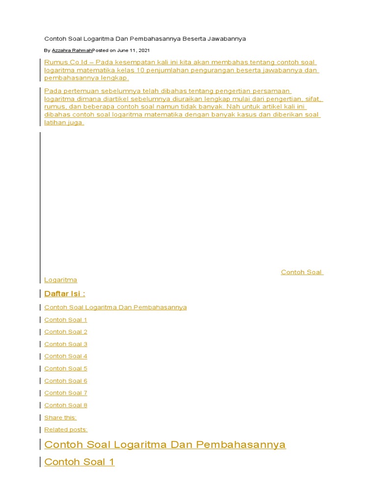 Contoh Soal Logaritma Dan Pembahasannya Beserta Jawabannya | PDF