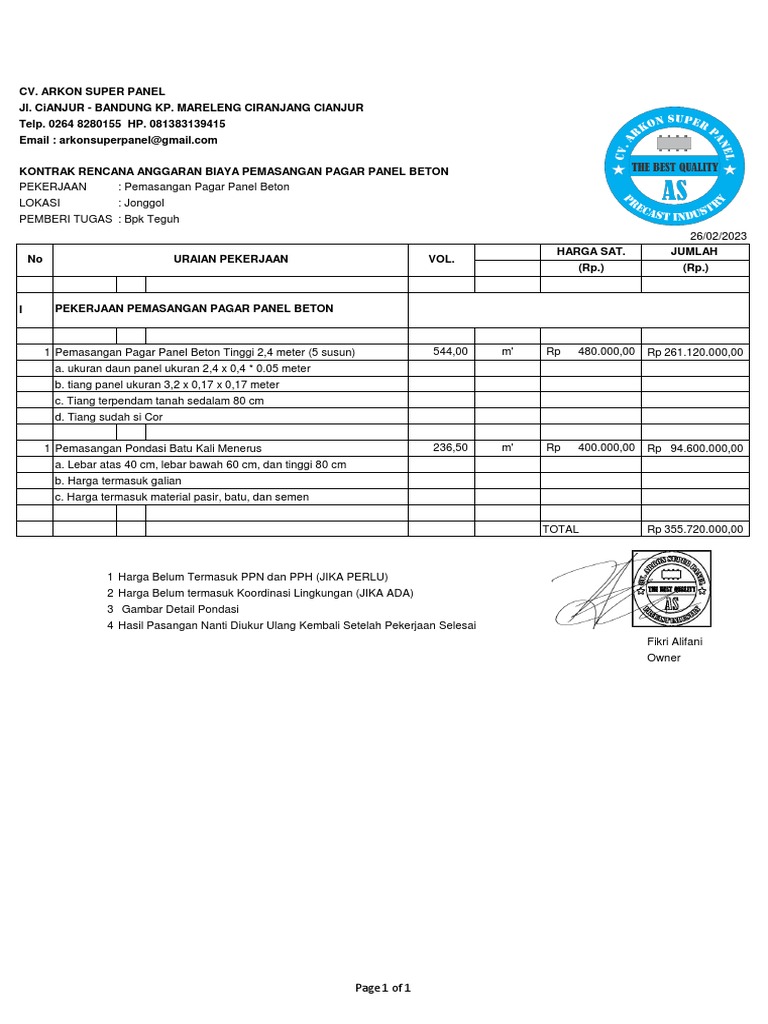 Penawaran Pemasangan Pagar Panel Beton & Pondasi | PDF