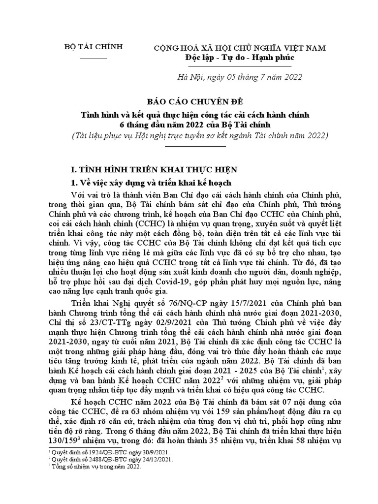 Báo Cáo CCHC 6 Tháng - U N - M 2022 | PDF