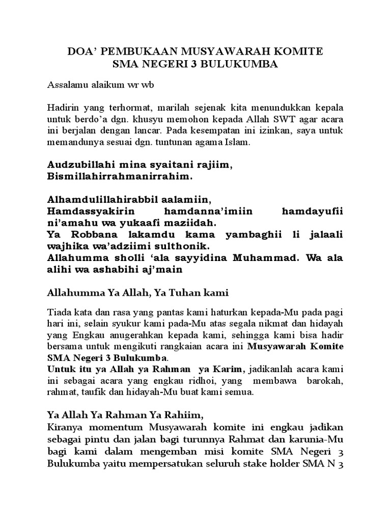 DOA - PEMBUKAAN - ACARA Musyawarah Komite SMA N 3 Bulukumba | PDF