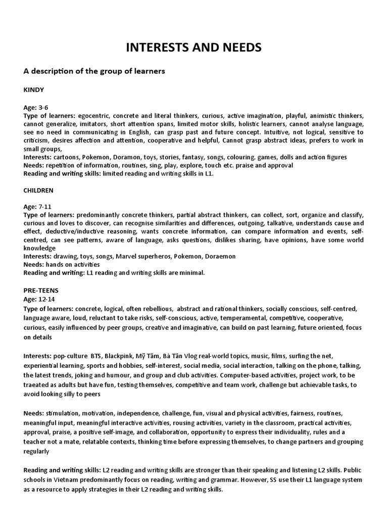 Needs and Interests Stages of Development | PDF | Learning | Literacy