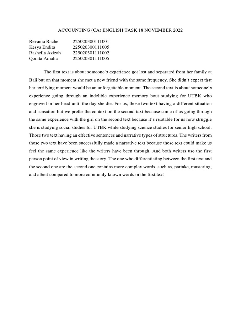 Narrative Text Analysis: Two Experiences | PDF