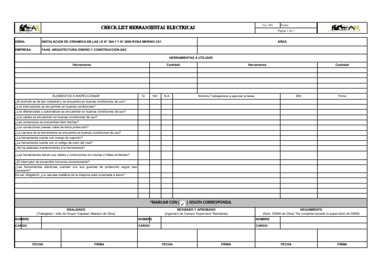 CHECK LIST Herramientas Eléctricas | PDF | Equipo | Bienes manufacturados