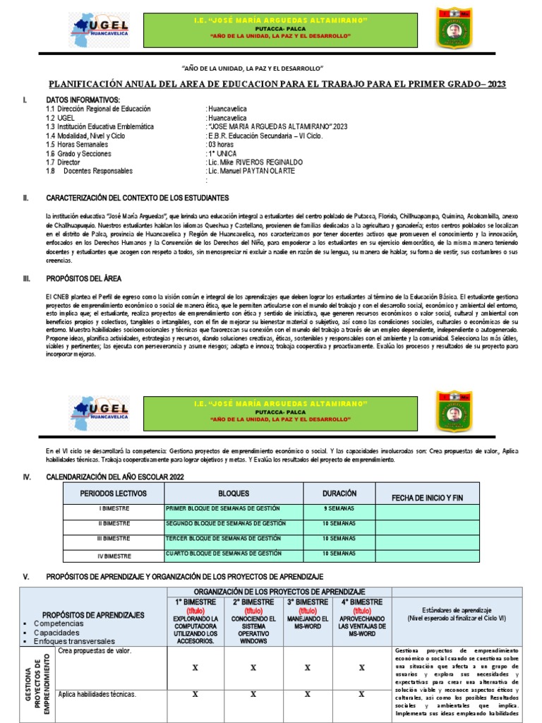 Planificacion Anual Ept 1° 2023 | Descargar gratis PDF | Aprendizaje | Iniciativa empresarial