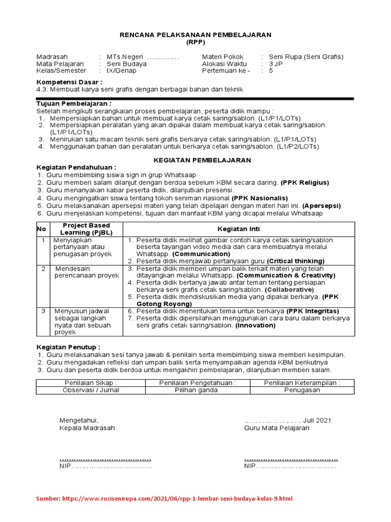 RPP Semester Genap - Pertemuan 5 - RPP KD 4.3 - Seni Rupa - Seni Grafis | PDF