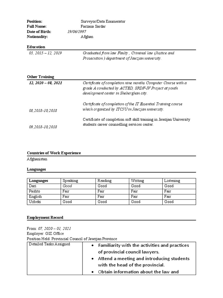 CV Farzana Sardar - Data Enumerator - AACS Consulting | PDF | Lawsuit | Public Law