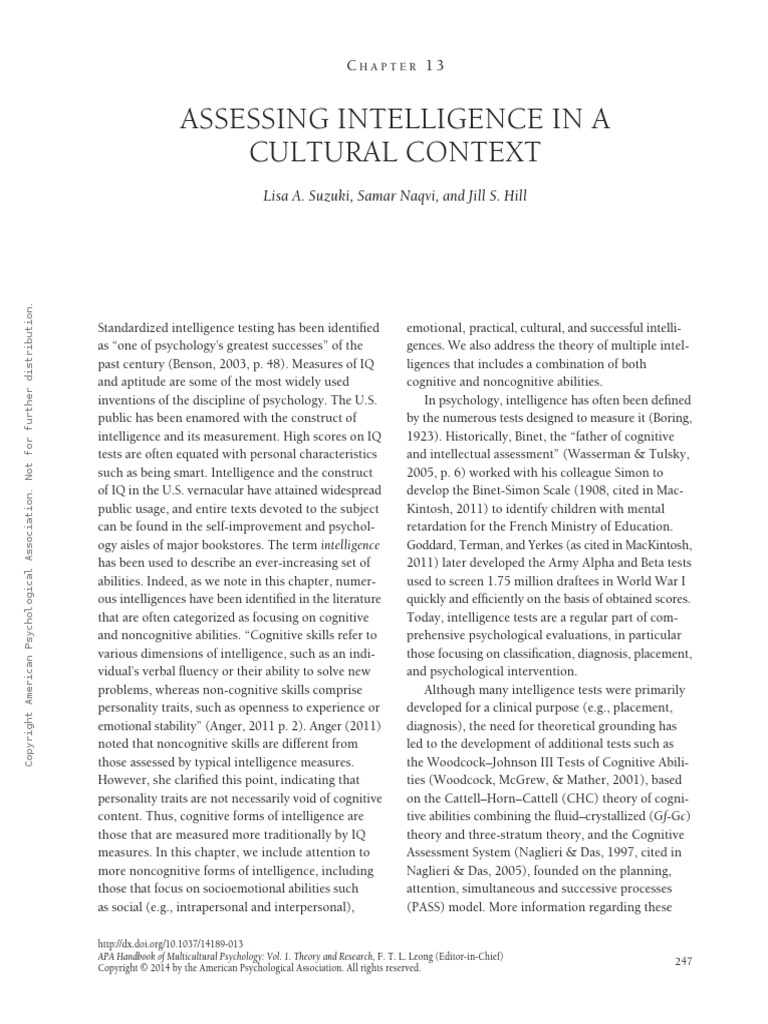 Assessing Intelligence in A Cultural Context: Lisa A. Suzuki, Samar Naqvi, and Jill S. Hill ...