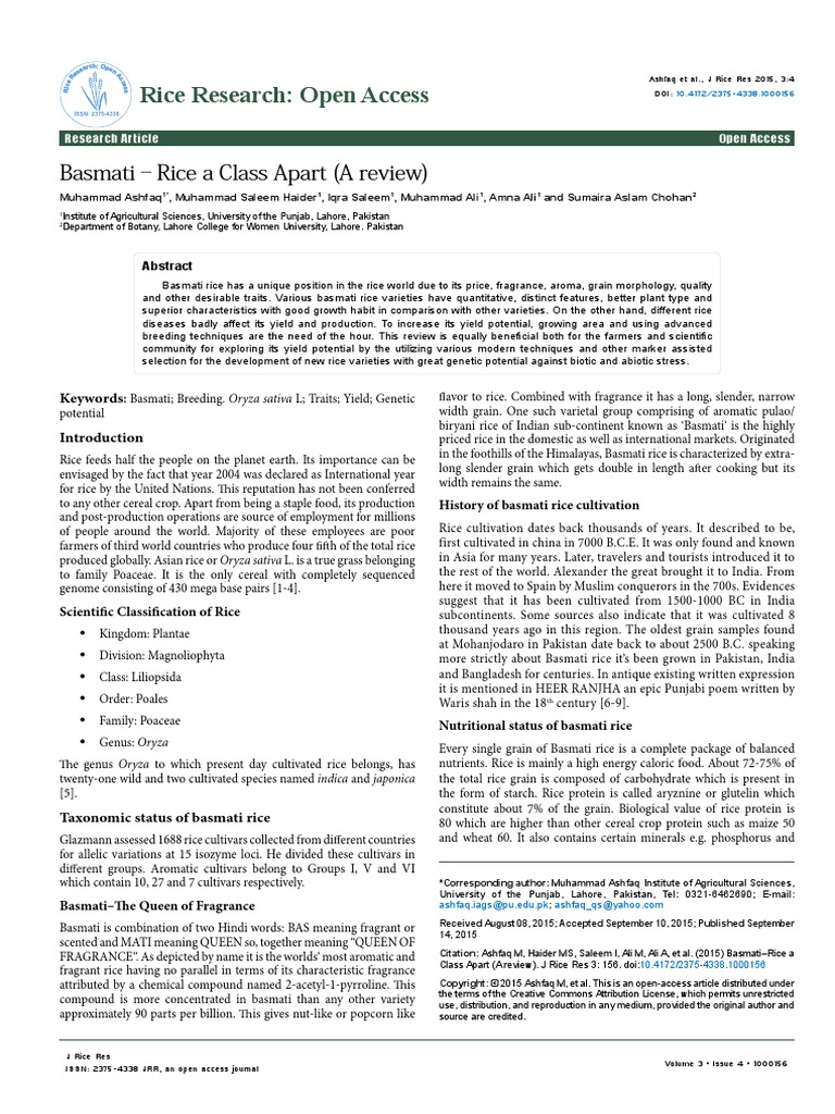 Rice Research: Open Access: Basmati-Rice A Class Apart (A Review) | PDF ...