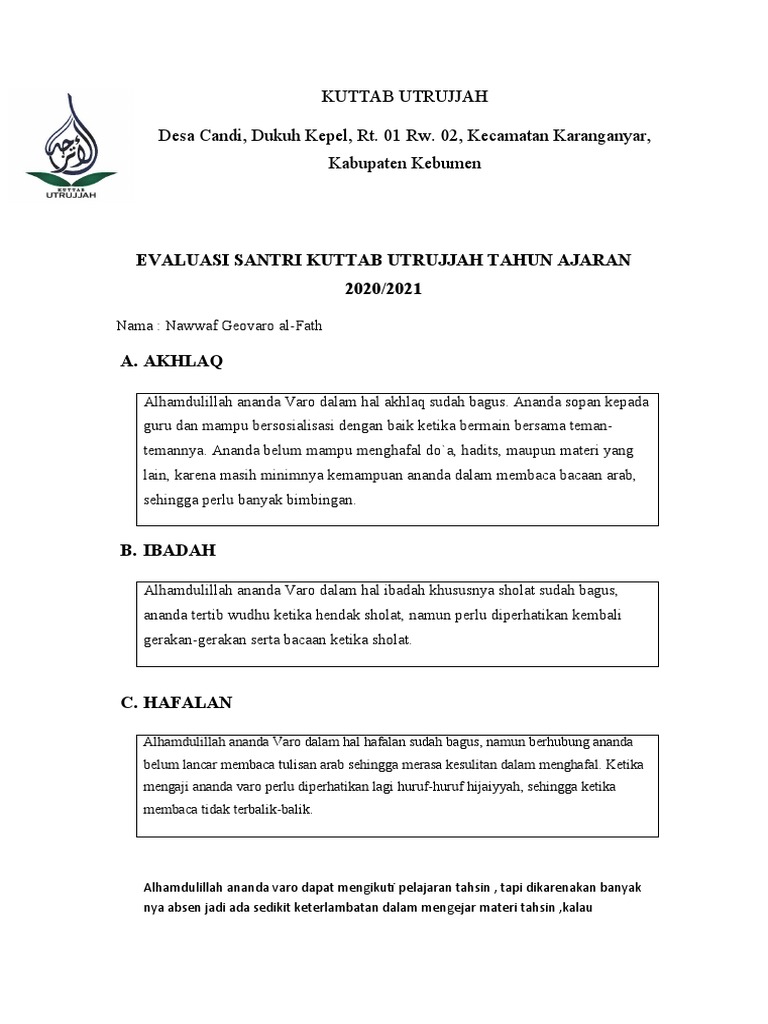 Evaluasi Santri Kuttab Utrujjah 2020/2021 | PDF | Karier & Perkembangan
