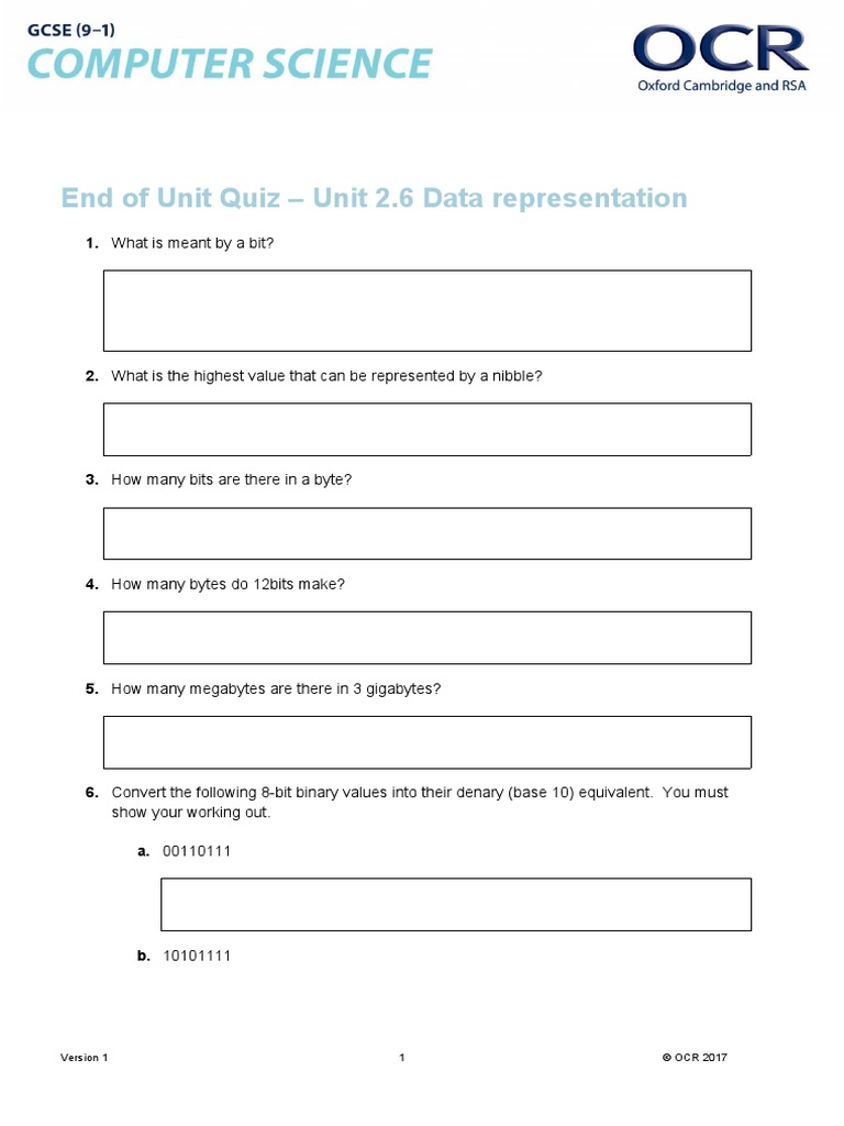2.6 Data Representation End of Unit Quiz | PDF | Data Compression | Character Encoding