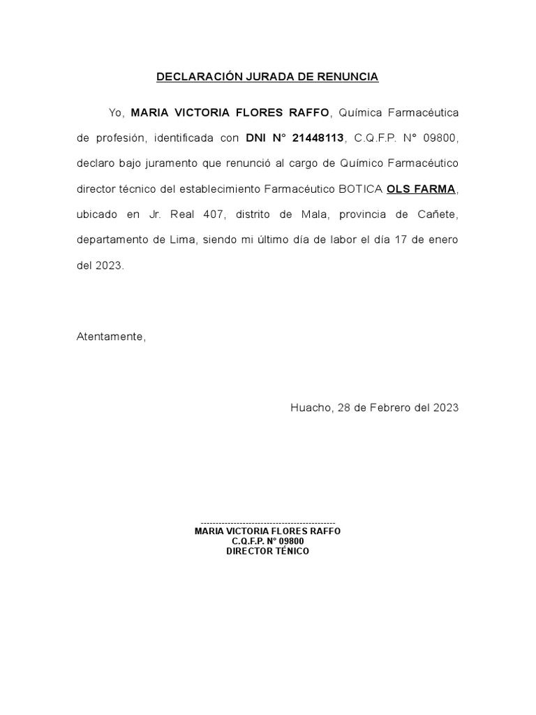 Declaración Jurada de Renuncia | PDF | Finanzas y dinero
