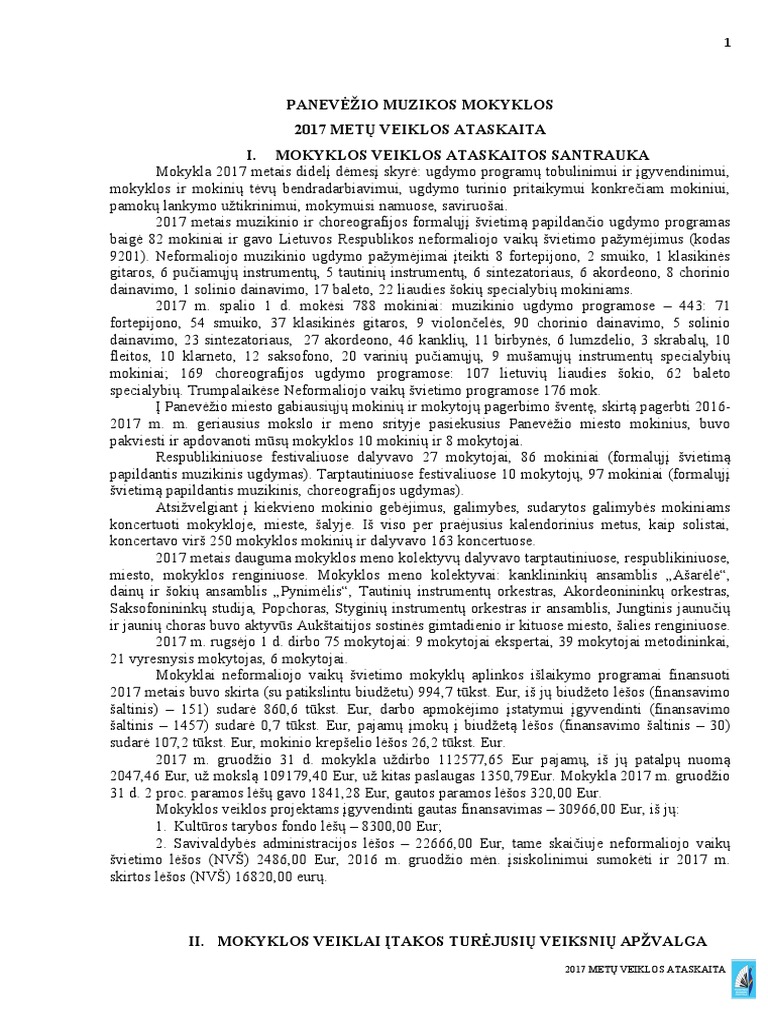 Panevėžio Muzikos Mokyklos 2017 Metų Veiklos Ataskaita I. Mokyklos Veiklos Ataskaitos Santrauka ...