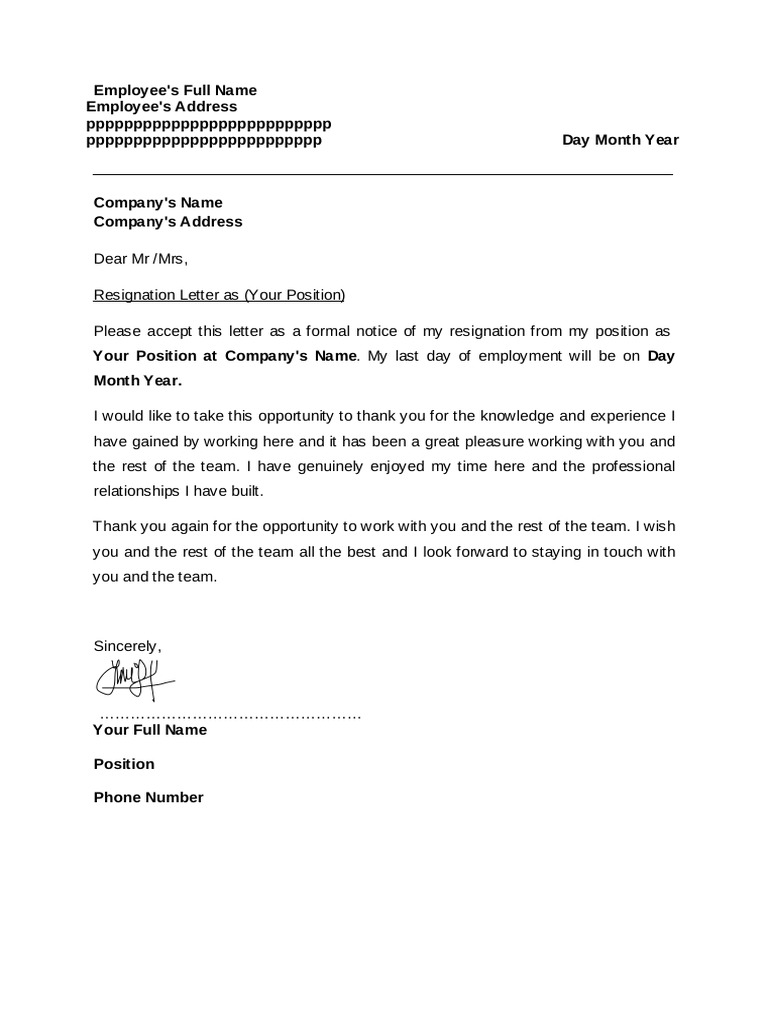 Example of Resignation Letter | PDF