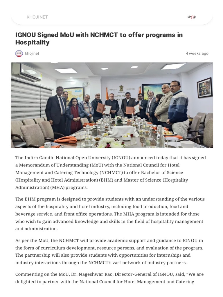 IGNOU Signed MoU With NCHMCT To Offer Programs in Hospitality - KHOJINET | PDF | Learning ...