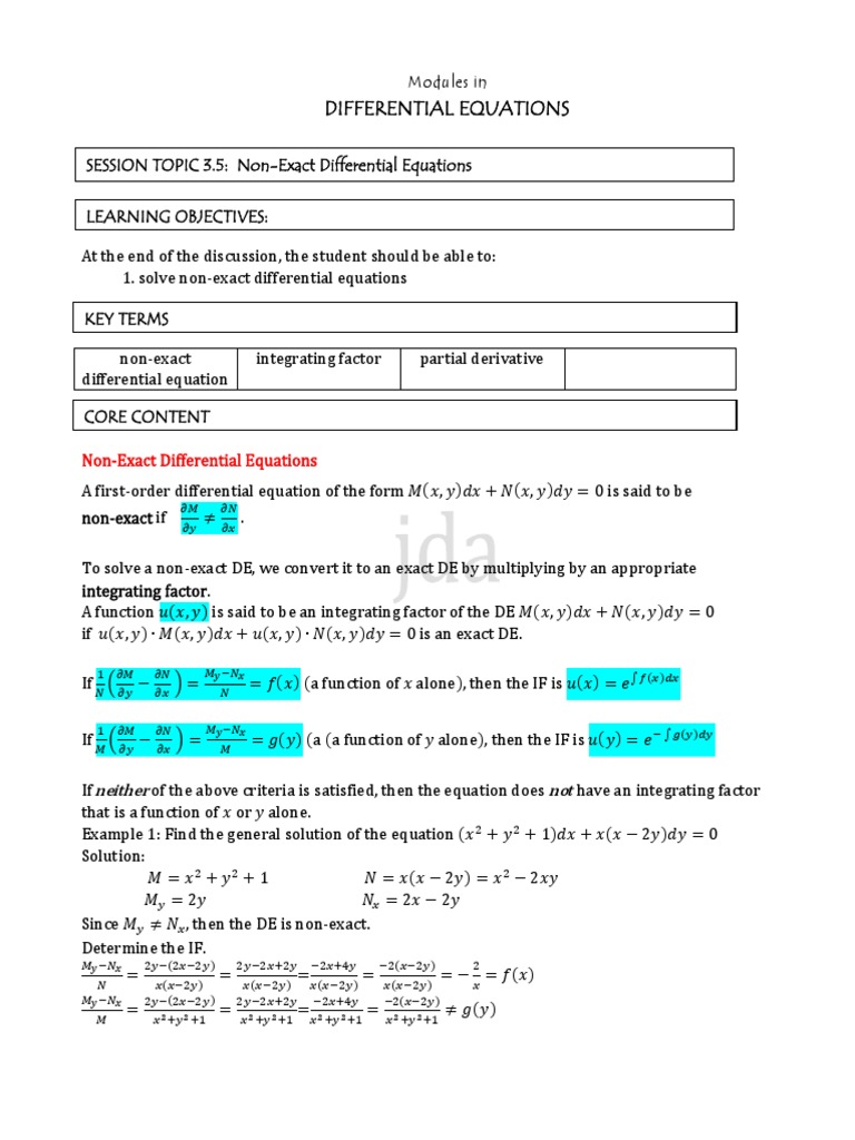 MTHN31E - Topic 3.5 - Non-Exact Diffl Equations | PDF | Equations ...