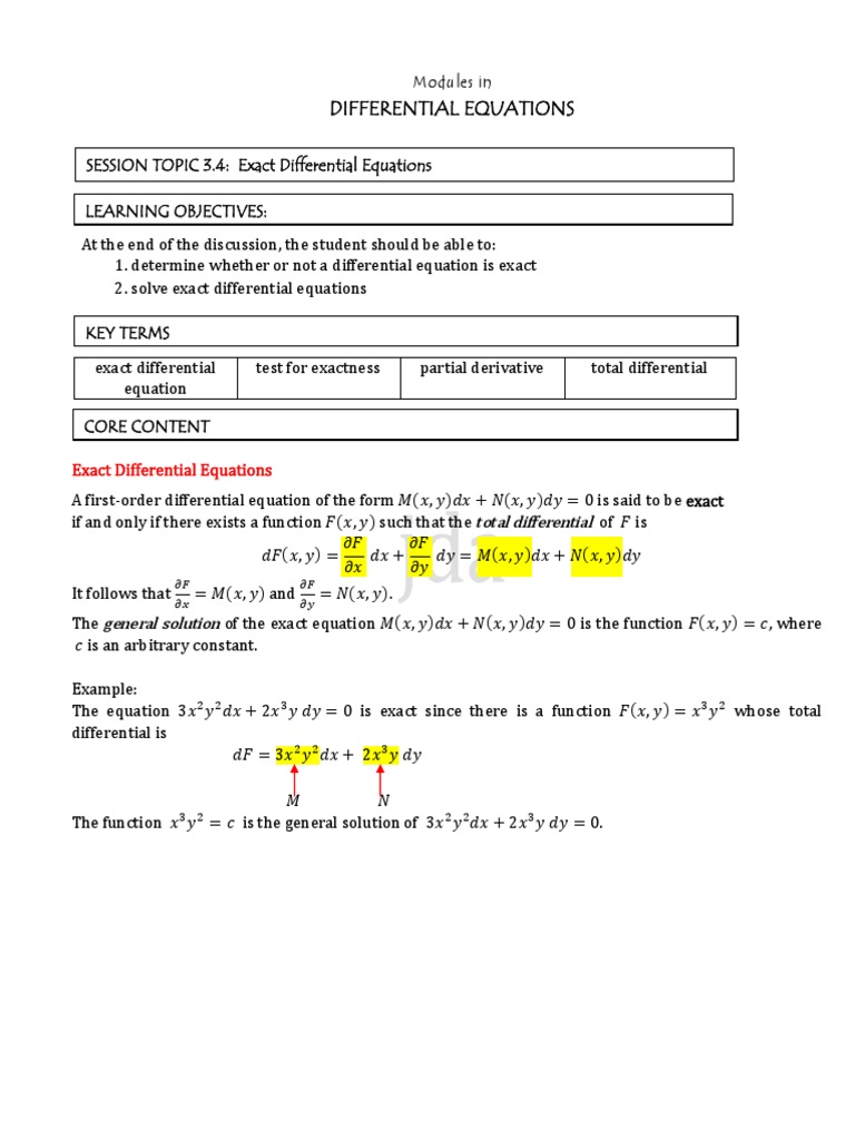 Exact Differential Equations Guide | PDF | Differential Equations | Rates