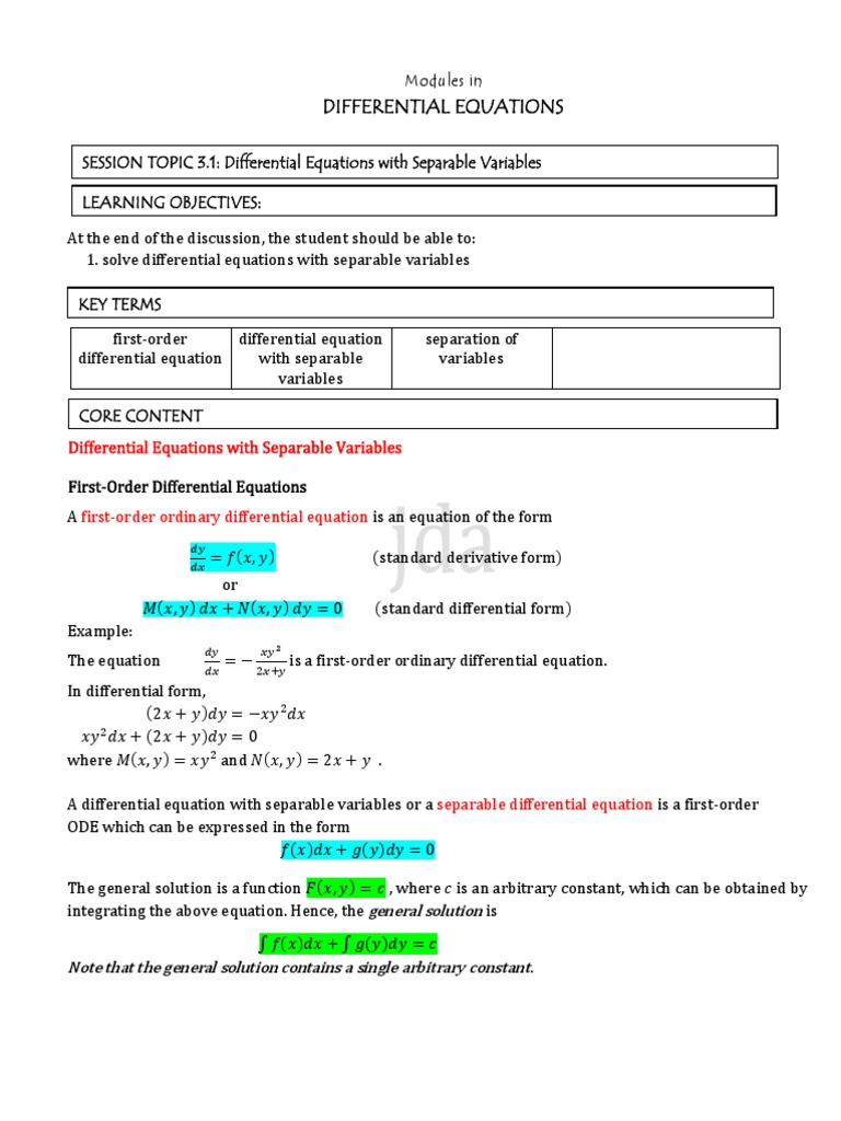 MTHN31E - Topic 3.1 - Differential Equations With Separable Variables ...