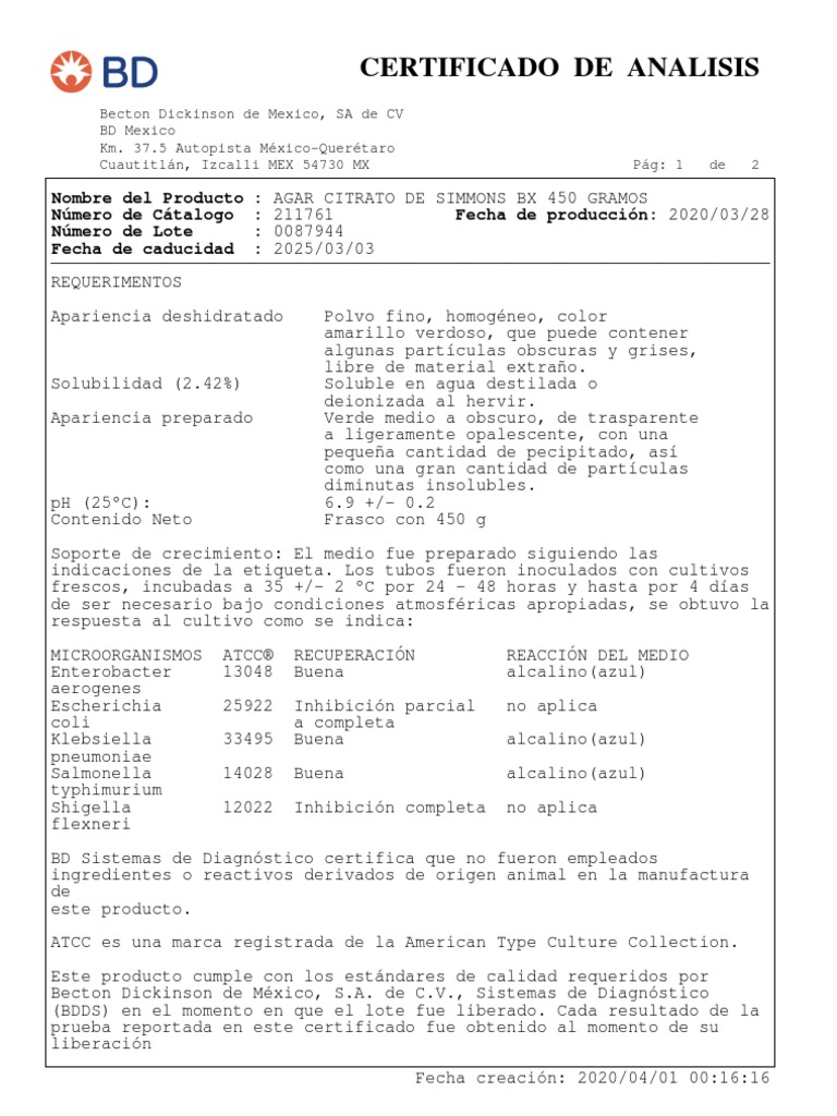 QualityCert - 211761 - 0087944 CITRATO | PDF | Química