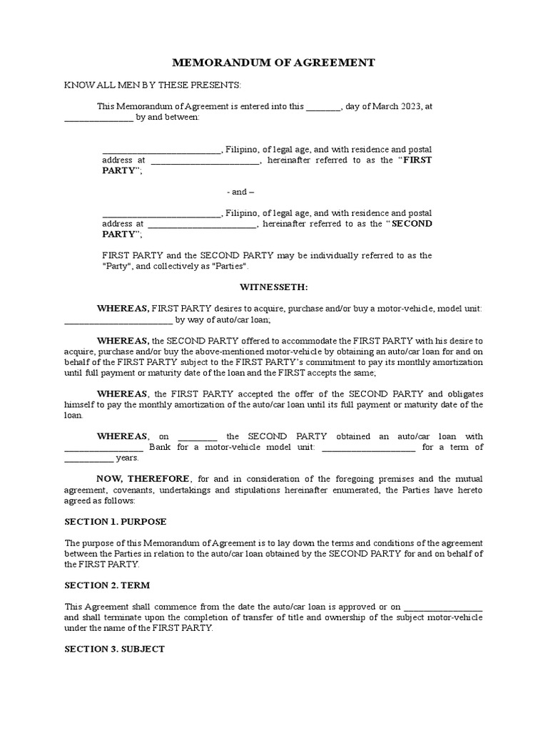 Memorandum of Agreement | PDF | Loans | Guarantee