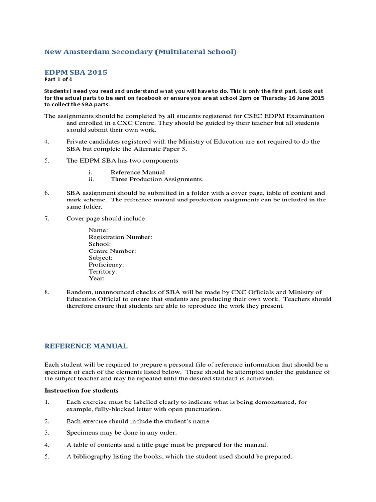 EDPM SBA Guidelines for CSEC Students | PDF