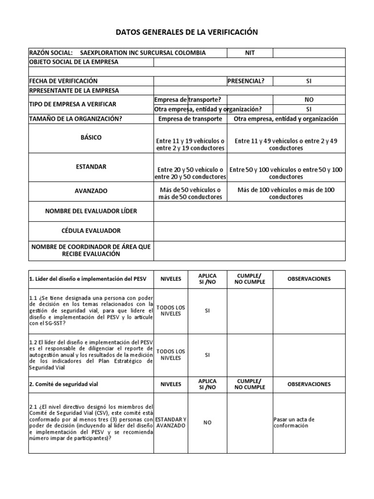 Copia de LISTA DE VERIFICACIÓN PESV Borrador | PDF | Auditoría ...