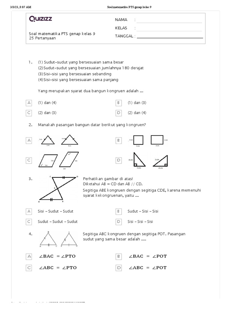 Soal Matematika PTS Genap Kelas 9 | PDF