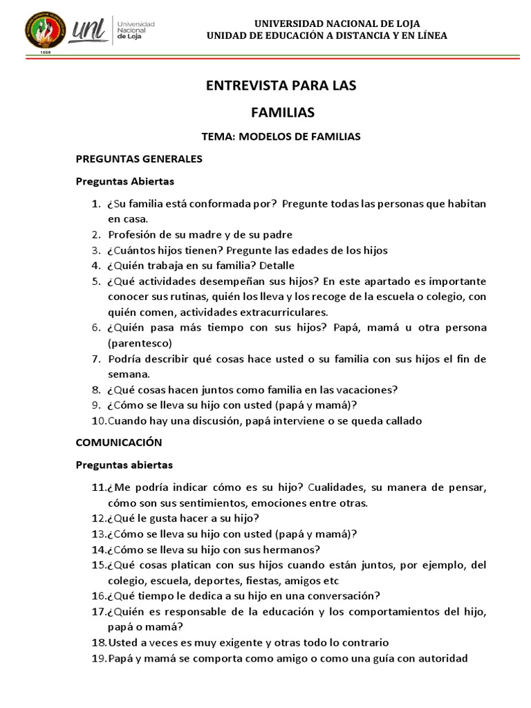 Entrevista Sobre Modelos De Familias Roles Comunicación Y Dinámicas