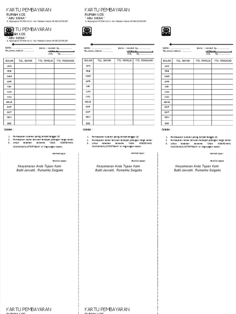 PDF Kartu Pembayaran Kos | PDF