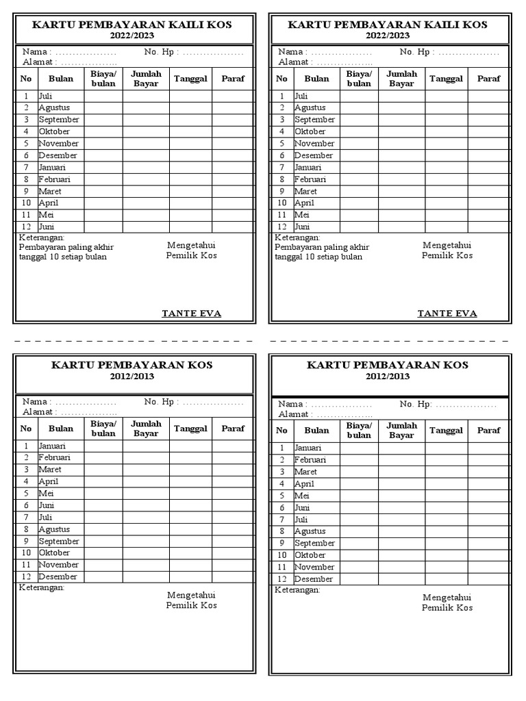 Dokumen - Tips - Kartu Pembayaran Kos Tante Eva | PDF