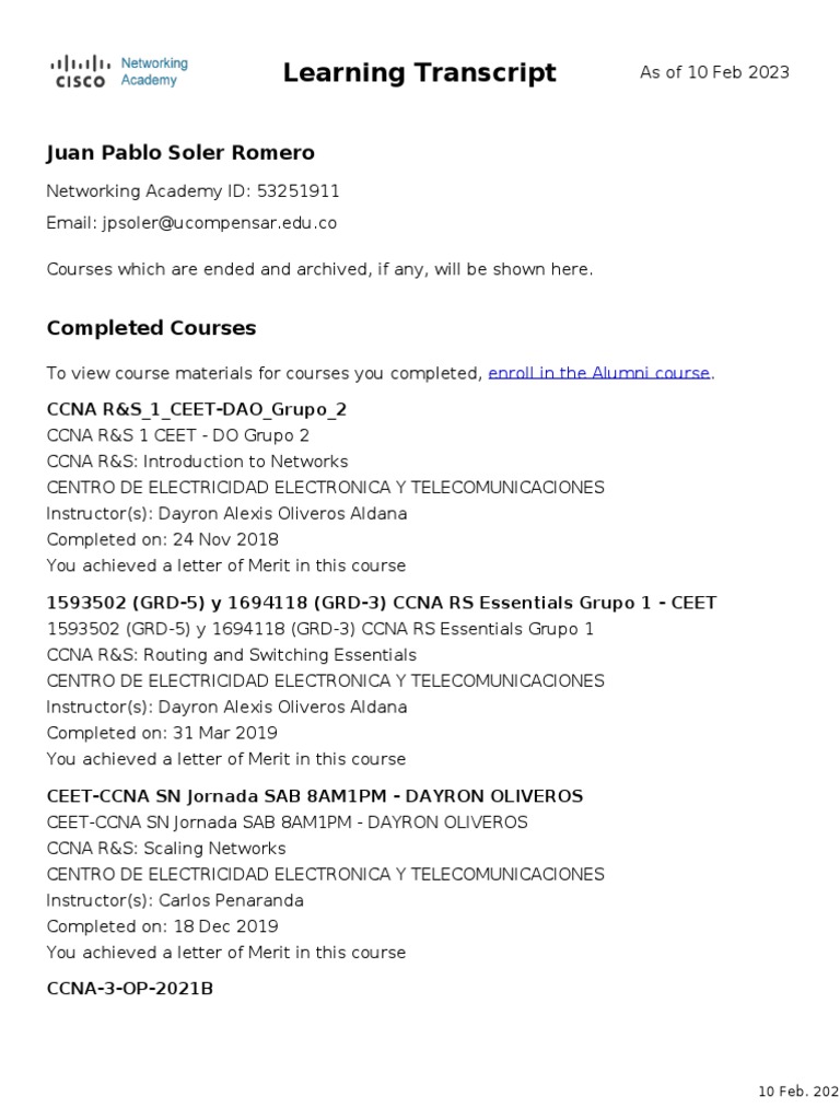 NetAcad Learning Transcript PDF | PDF