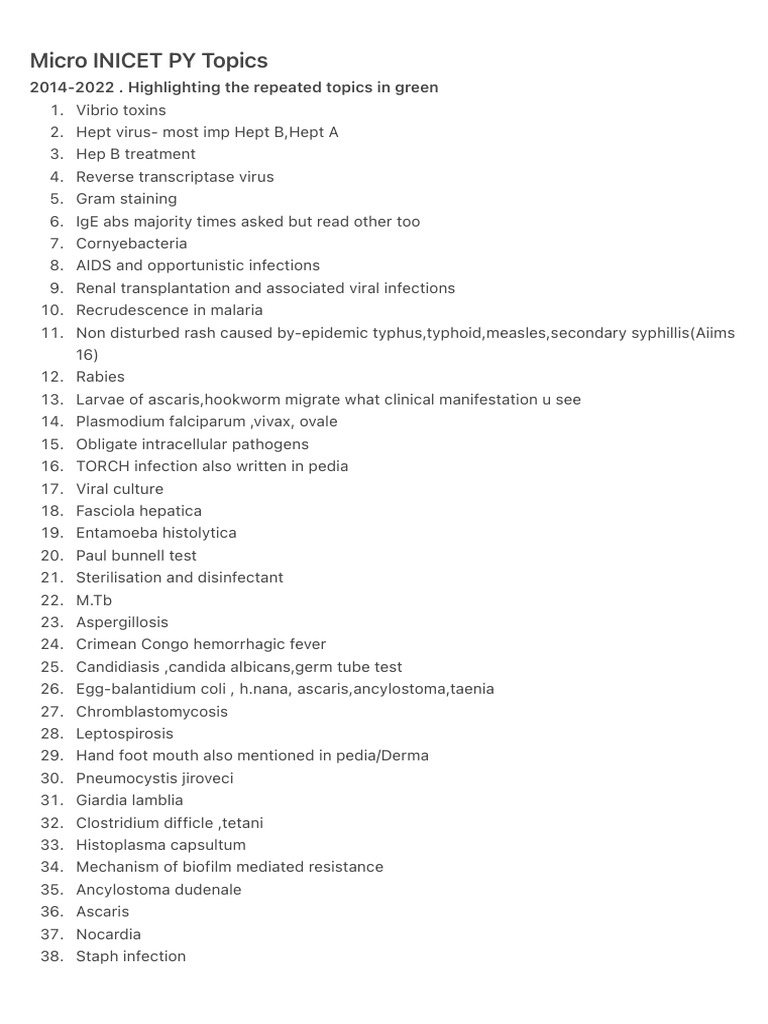 Micro INICET PY Topics Summary | PDF | Injury | Breast Cancer