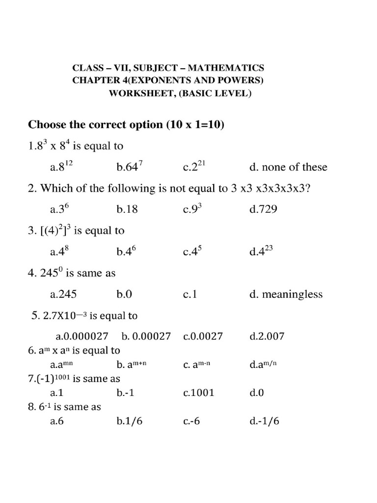 WS-Class VII-exponent and power | PDF