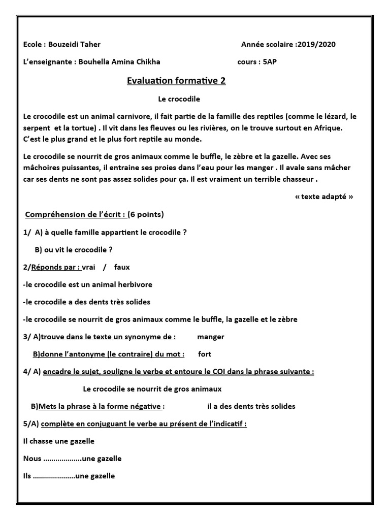 Evaluation 2 | PDF | Crocodile | Éléphant