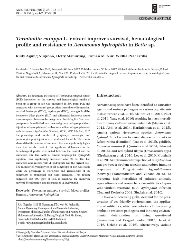 Terminalia Catappa L. Extract Improves Survival, Hematological Profile ...