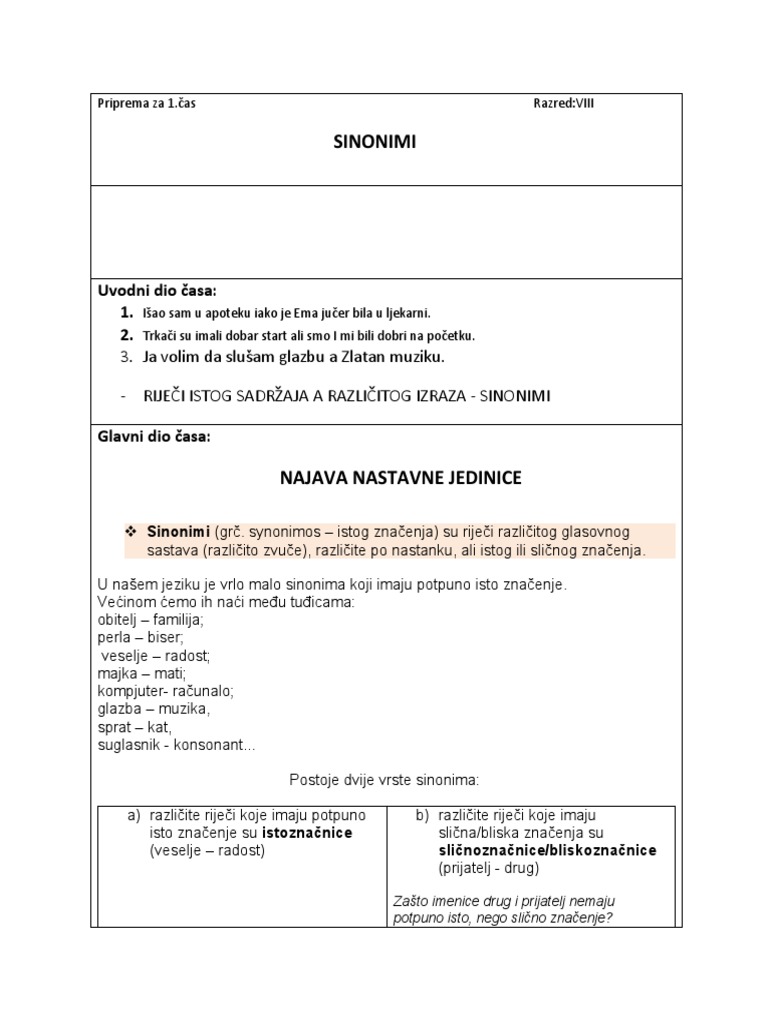 Priprema Za 8 Razred SINONIMI | PDF