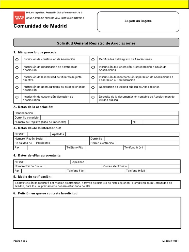 Solicitud de inscripción de una asociación en el Registro de Asociaciones de la Comunidad de ...