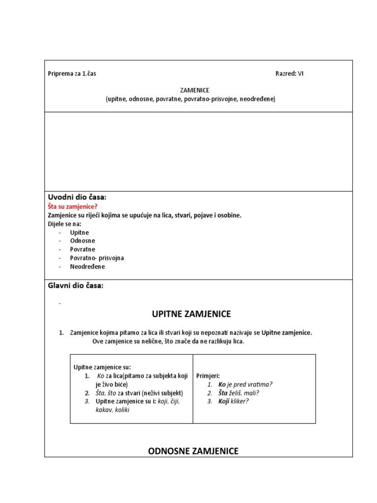 Priprema Za 1 Čas, ZAMJENICE | PDF