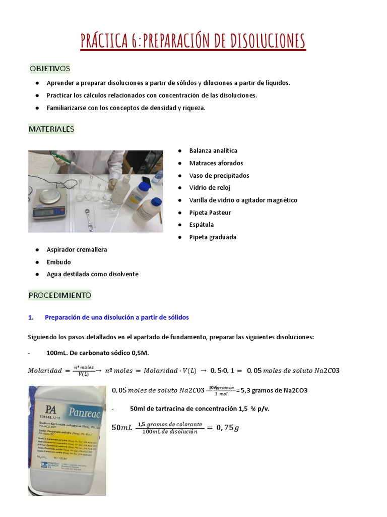 Práctica 6 - Preparación de Disoluciones | PDF | Concentración | Química