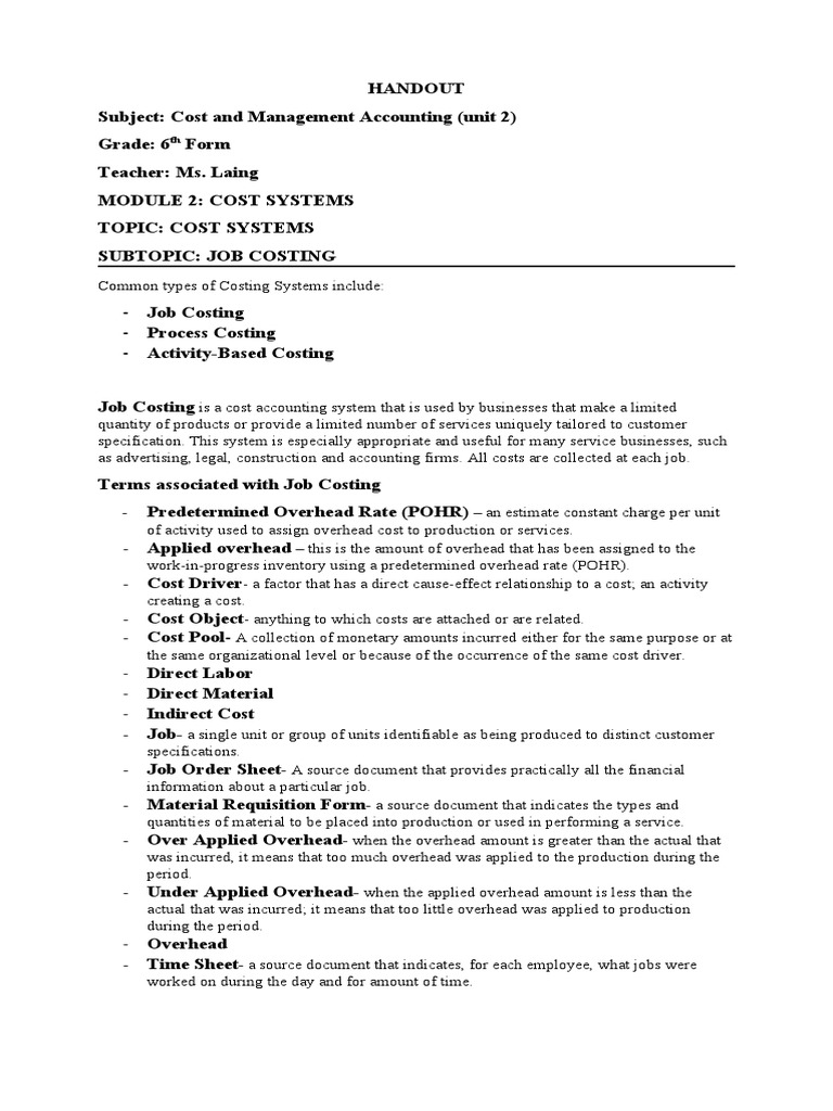 Job Costing Handout | PDF | Economies | Management Accounting