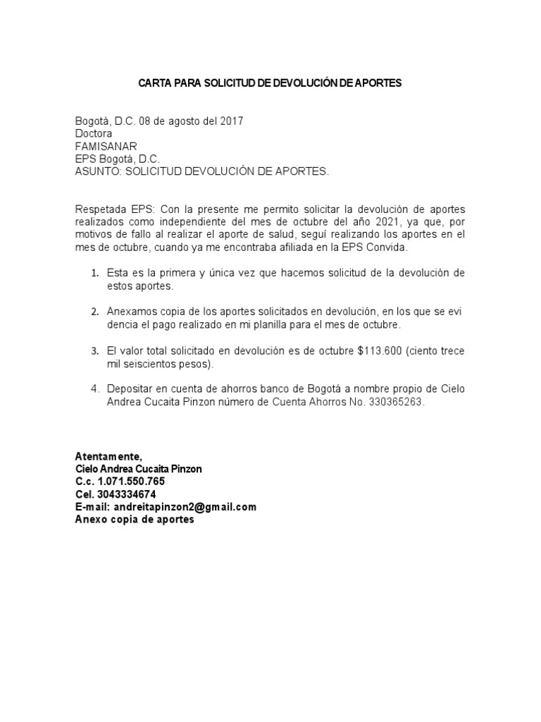 Carta para Solicitud de Devolución de Aportes | PDF | Finanzas y dinero